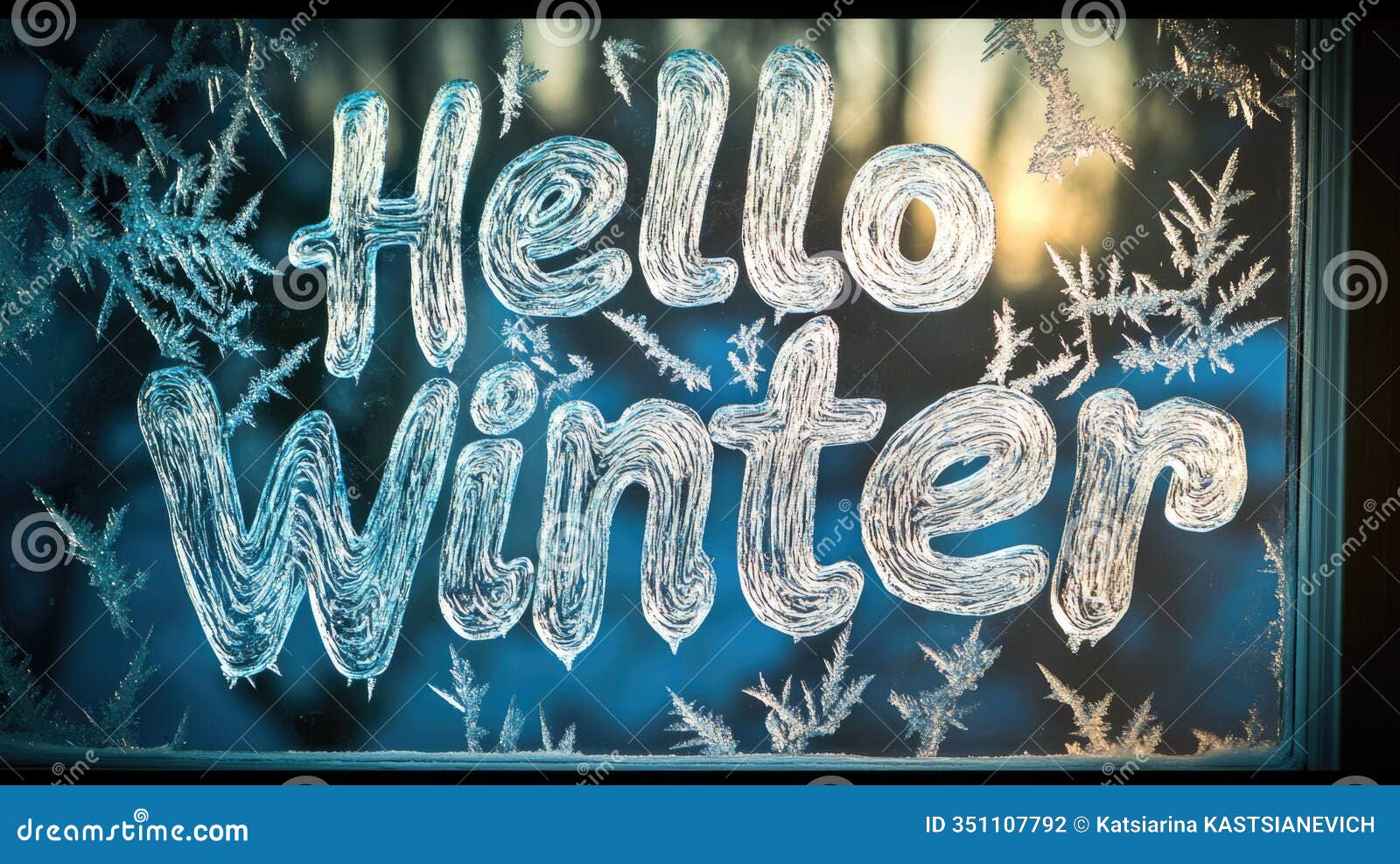 Frosted Window with "hello Winter" Message and Ice Crystal Borders at ...