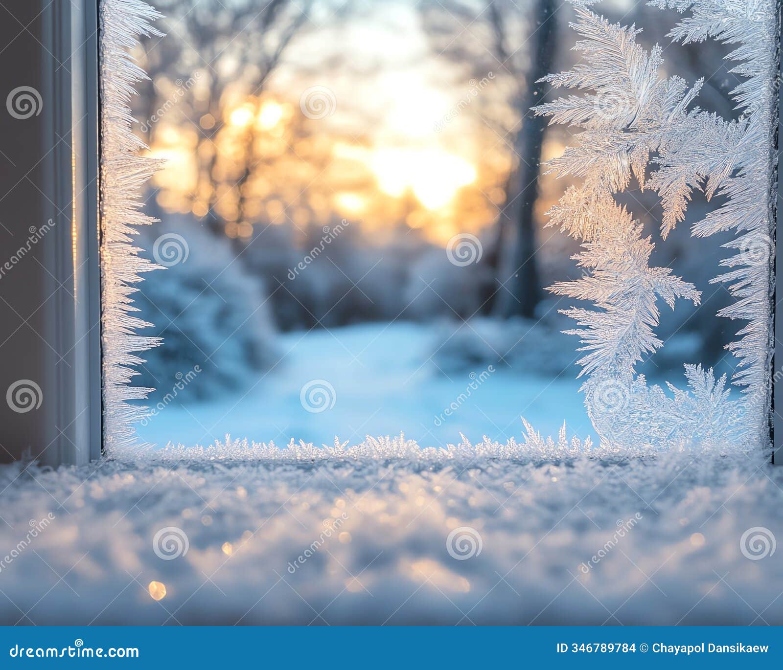 Frosted Window View with Snowy Landscape at Sunset Serene Winter Scene ...