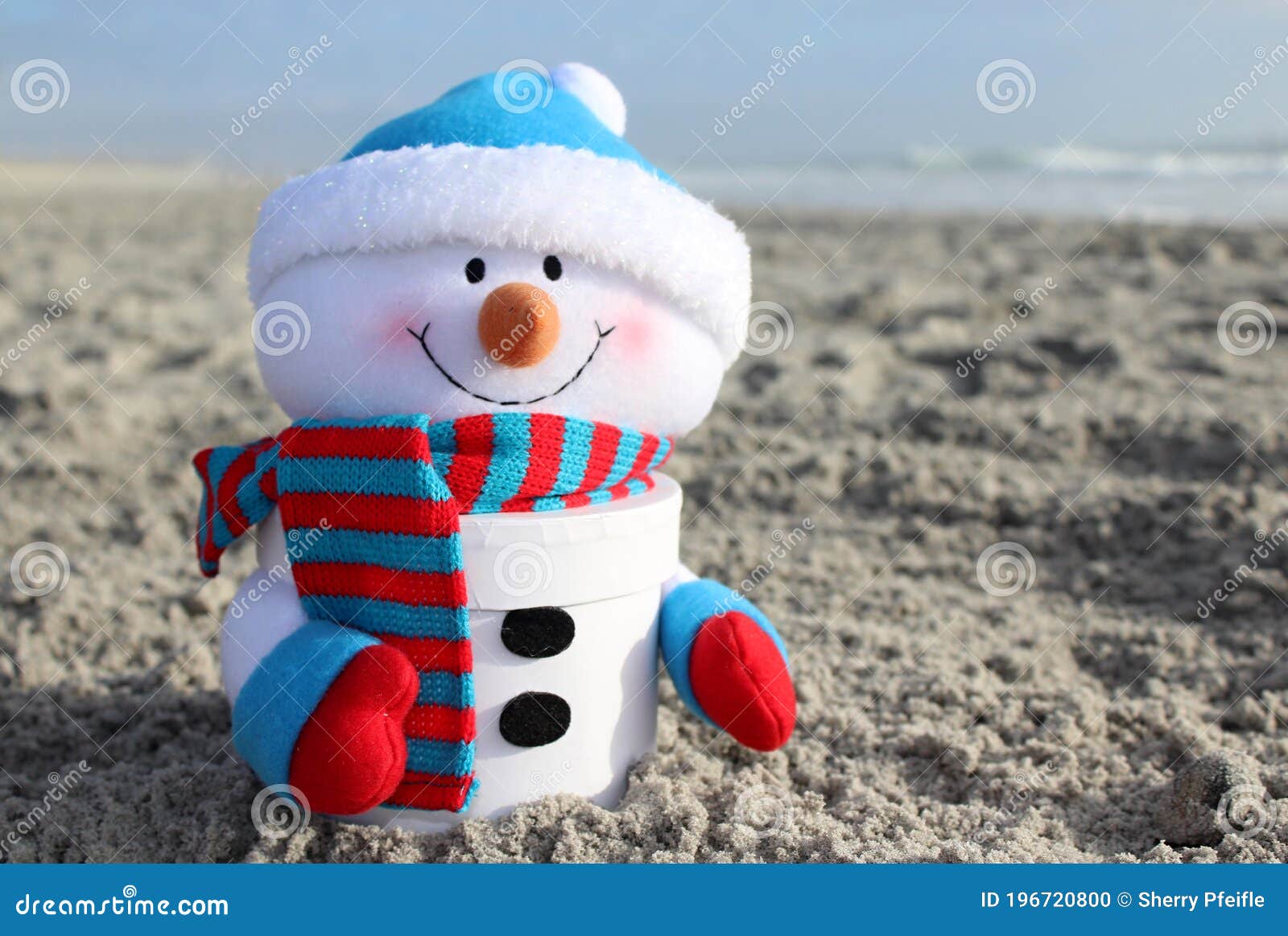 Snowman on the Beach stock photo. Image of mittens, ocean - 196720800