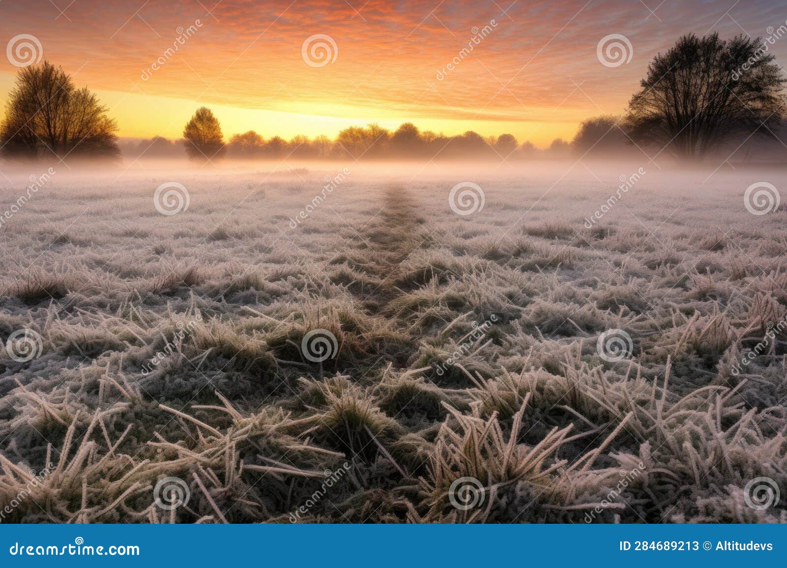 Frosty Grass Field with a Misty Sunrise Background Stock Illustration ...