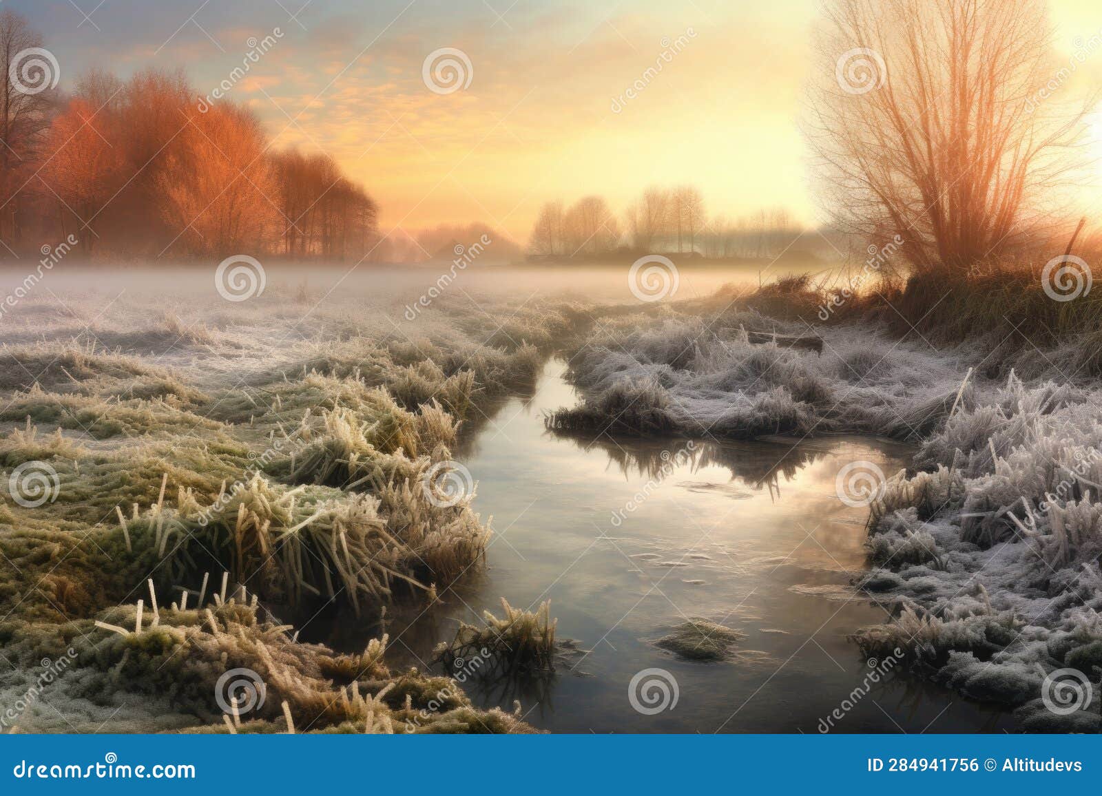 Frosty Morning Landscape with Mist Rising Over a River Stock ...