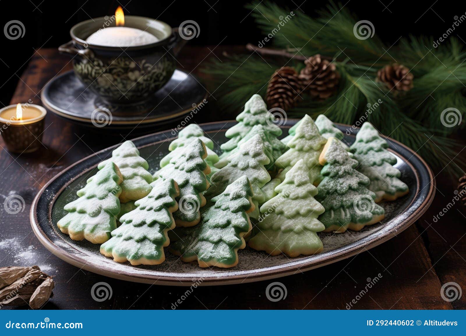Frosty Pine Tree Cookies on a Ceramic Platter Stock Photo - Image of ...