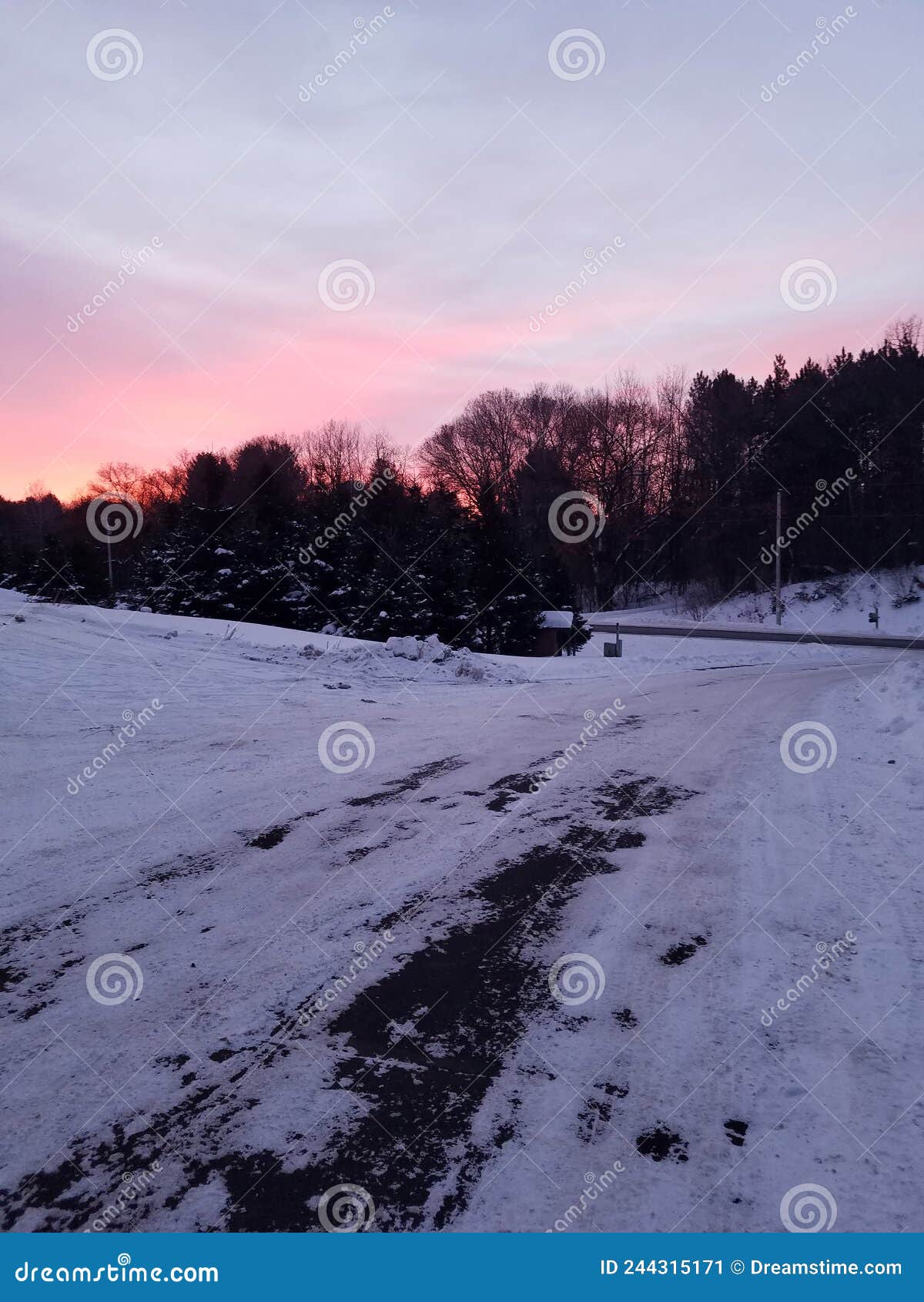 Frosty road with sunrise stock image. Image of morning - 244315171