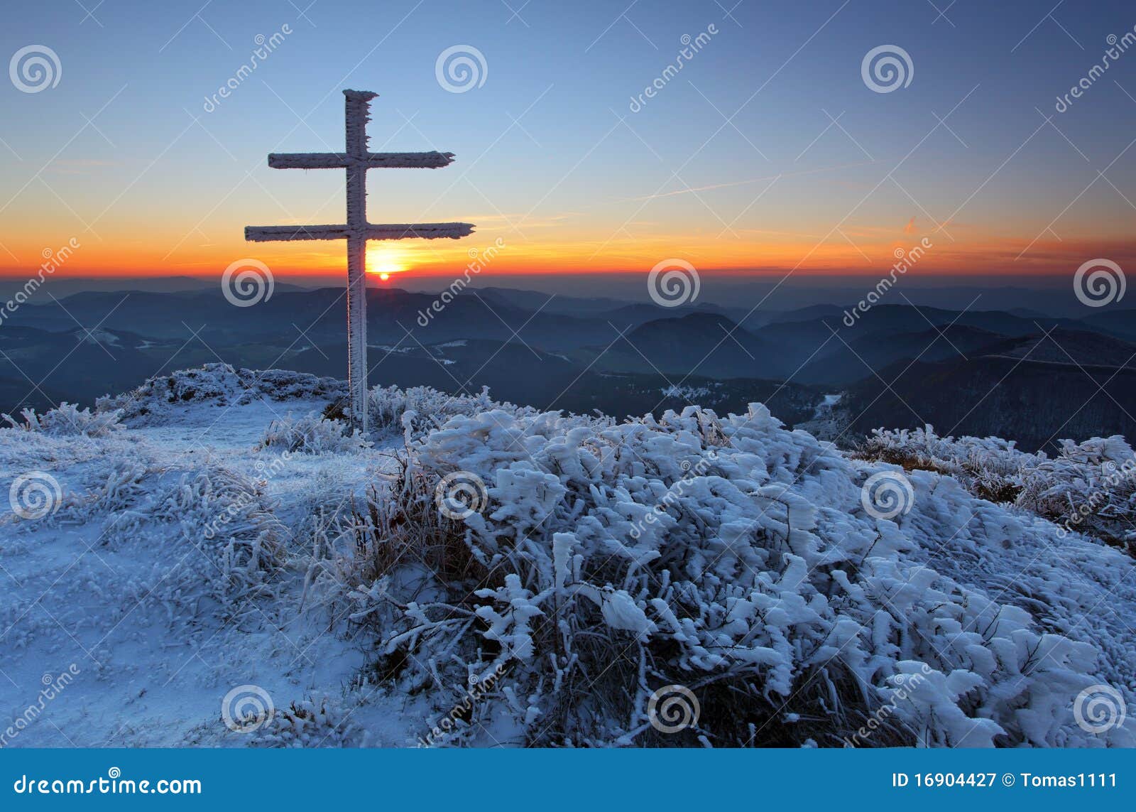 A Frosty Sunset in Mountains with Cross Stock Image - Image of morning ...