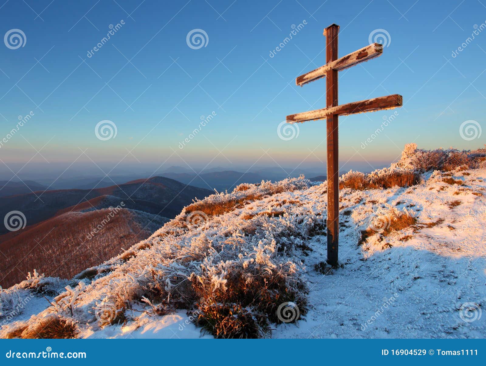 A Frosty Sunset in Mountains with Cross Stock Image - Image of nature ...