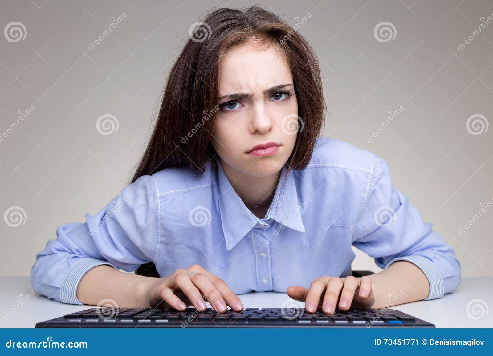 Frowning Girl Using Keyboard Stock Image - Image of blogger, attractive ...