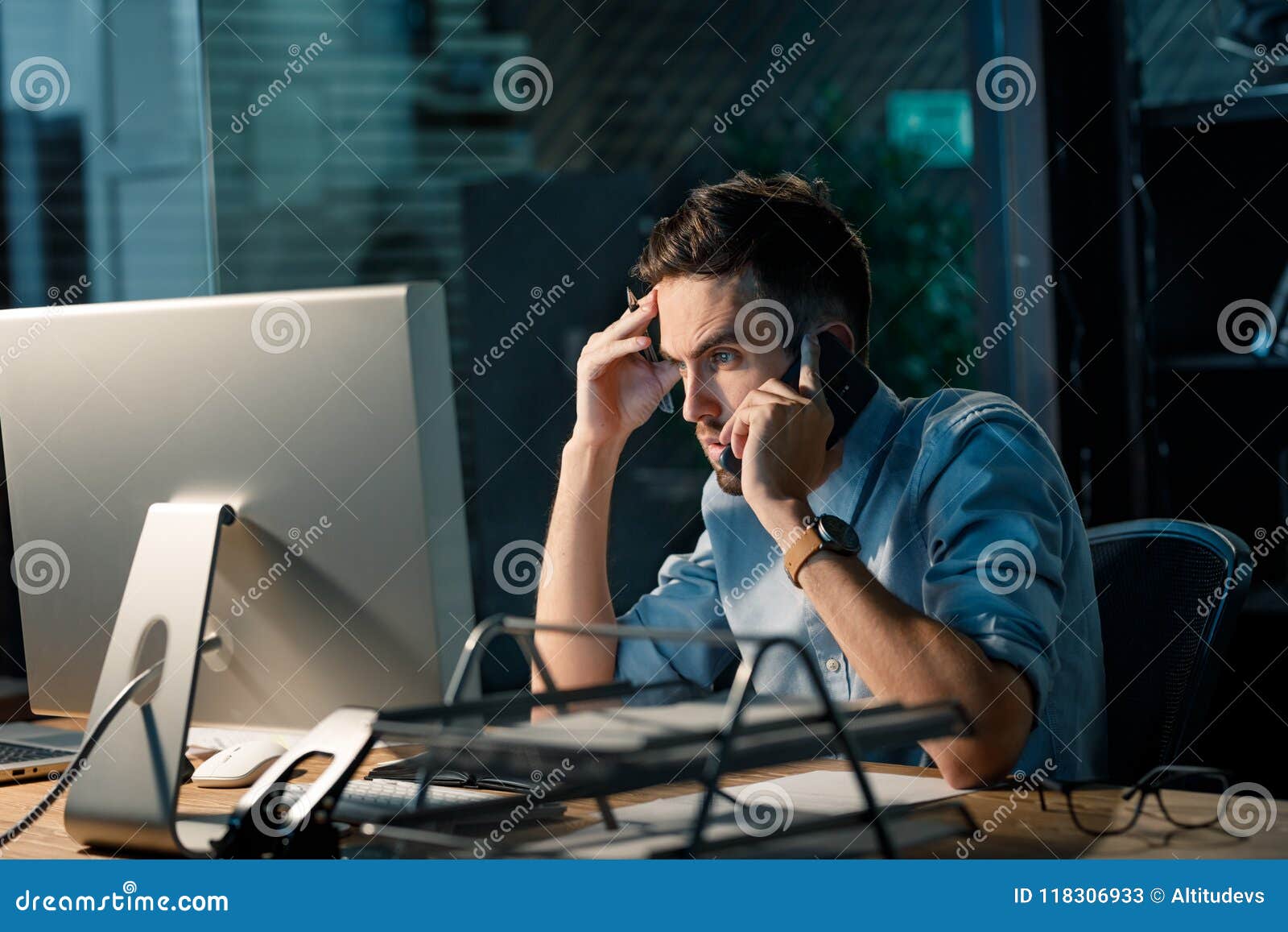 Frowning Man Working Late with Computer Stock Image - Image of ...