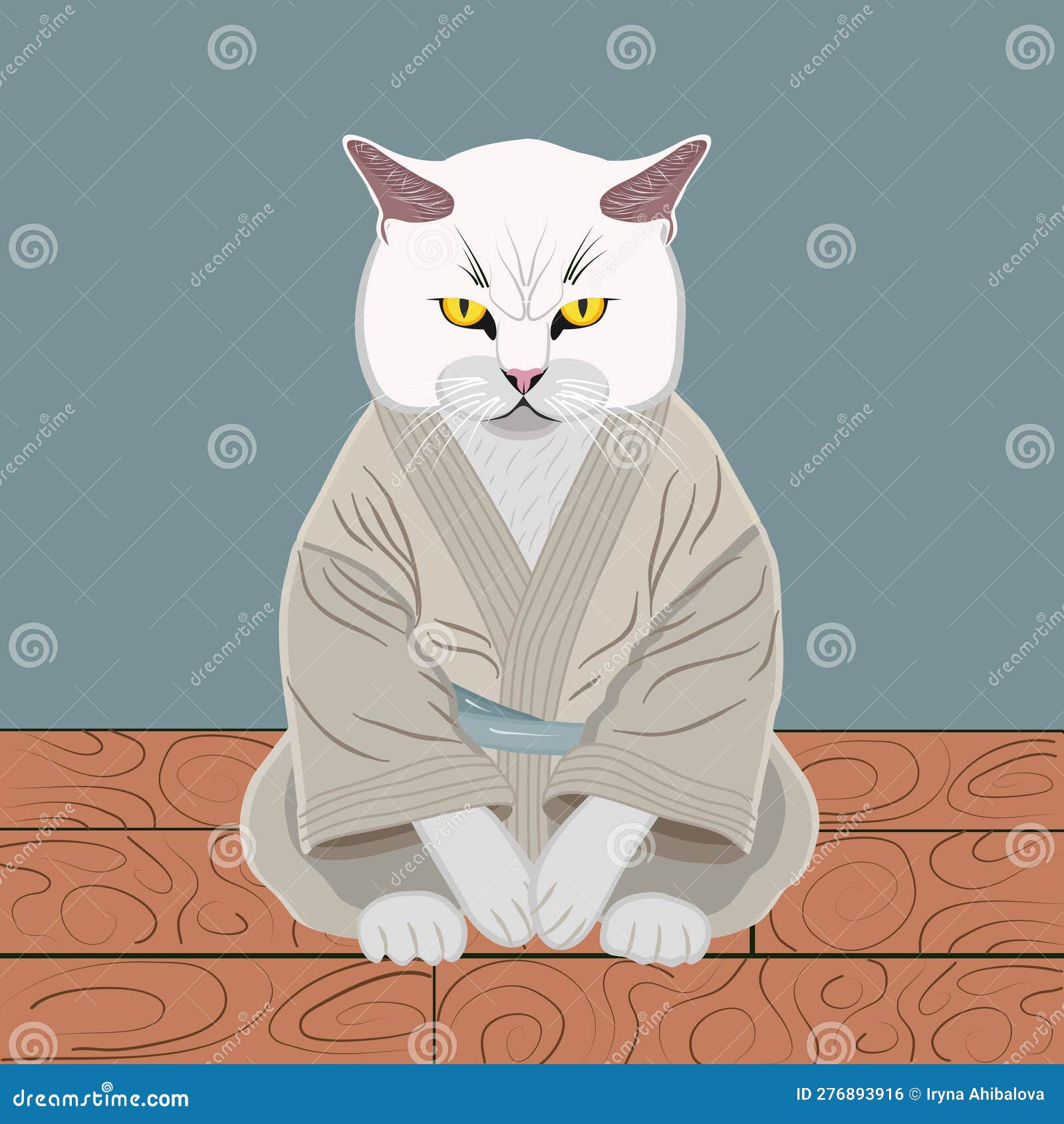 Frowning White Cat Buddhist Monk In Robes On The Floor Vector ...