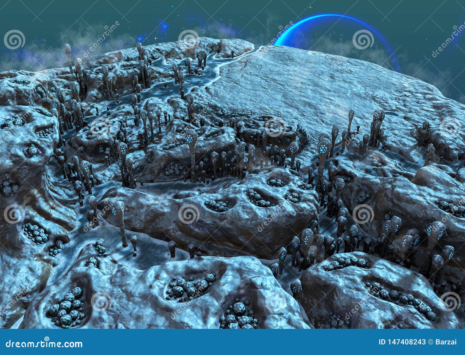 A Frozen Alien Land, with Blue Moons Behind. Stock Illustration ...