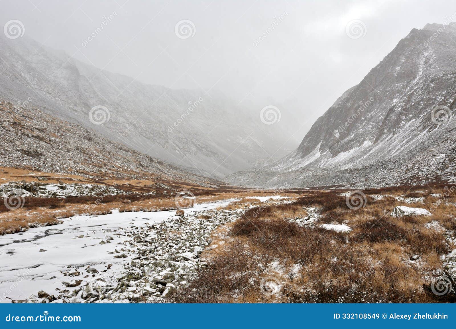 Frozen Bed of a Small River in a Valley Overgrown with Moss and ...