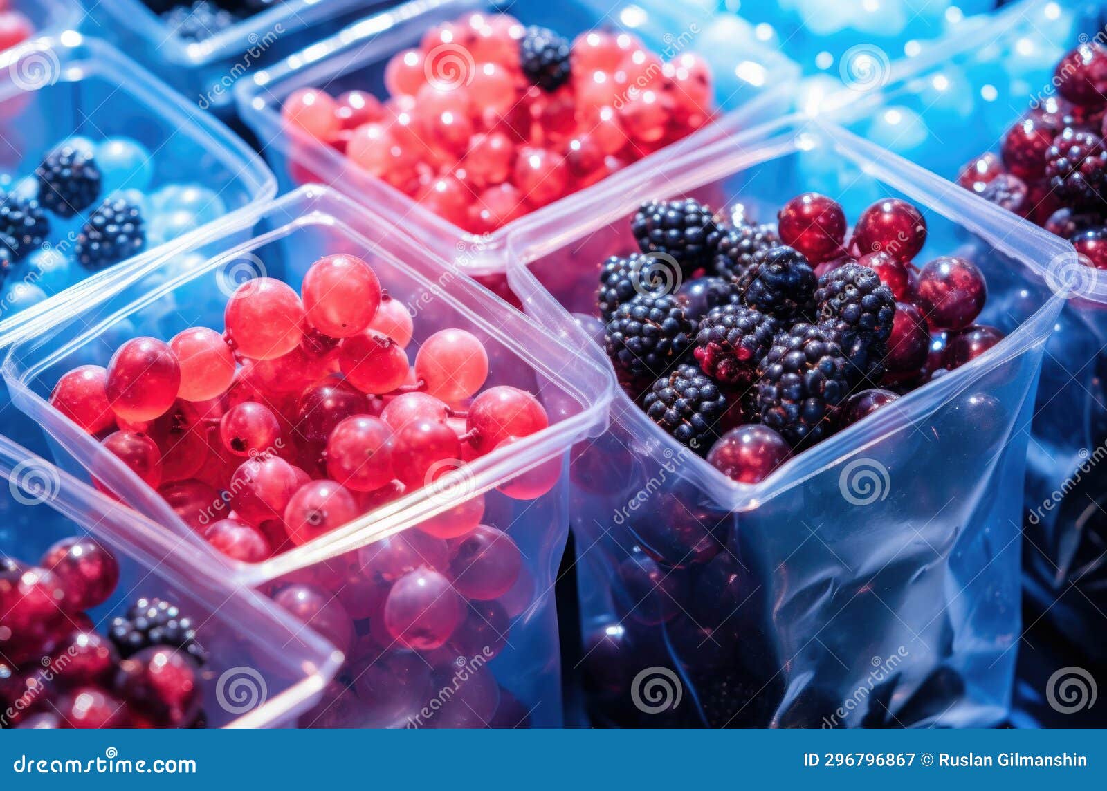 Frozen Berries in Plastic Bags in the Freezer. Open Deep Freeze Filled ...