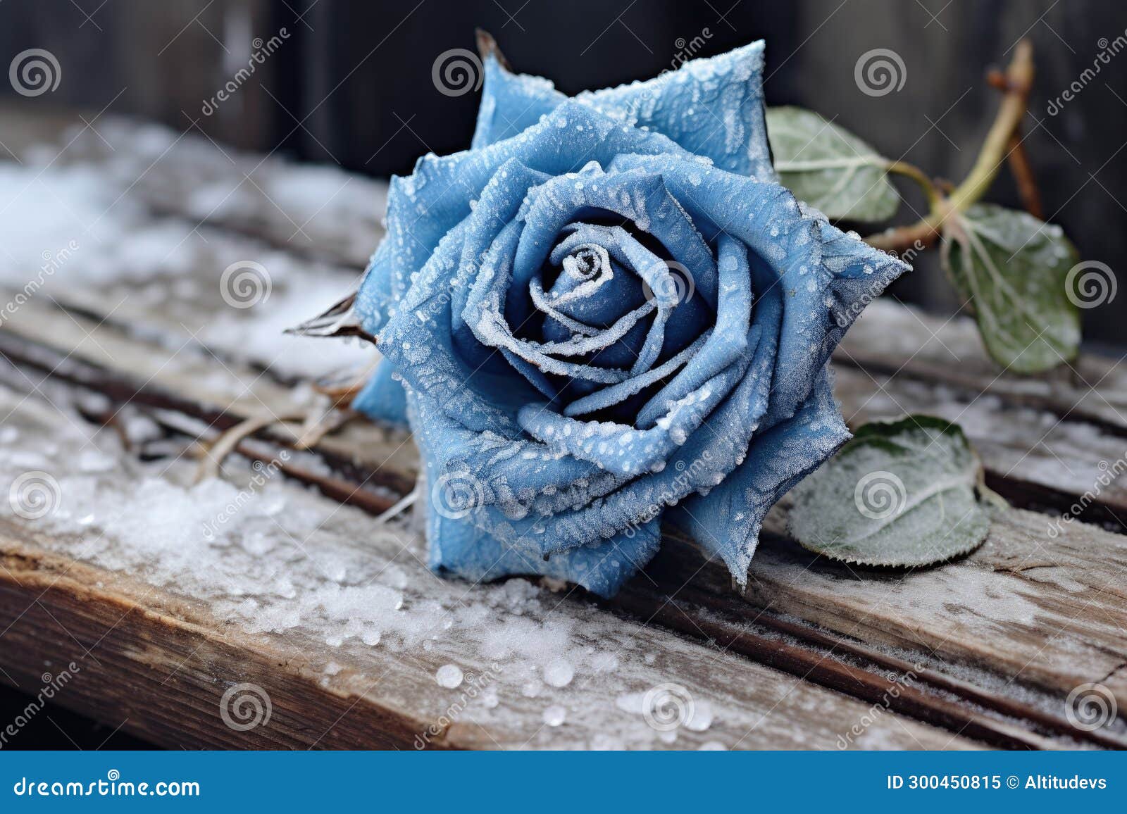 A Frozen Blue Rose Lying on a Wooden Table Dusted with Snow Stock Image ...
