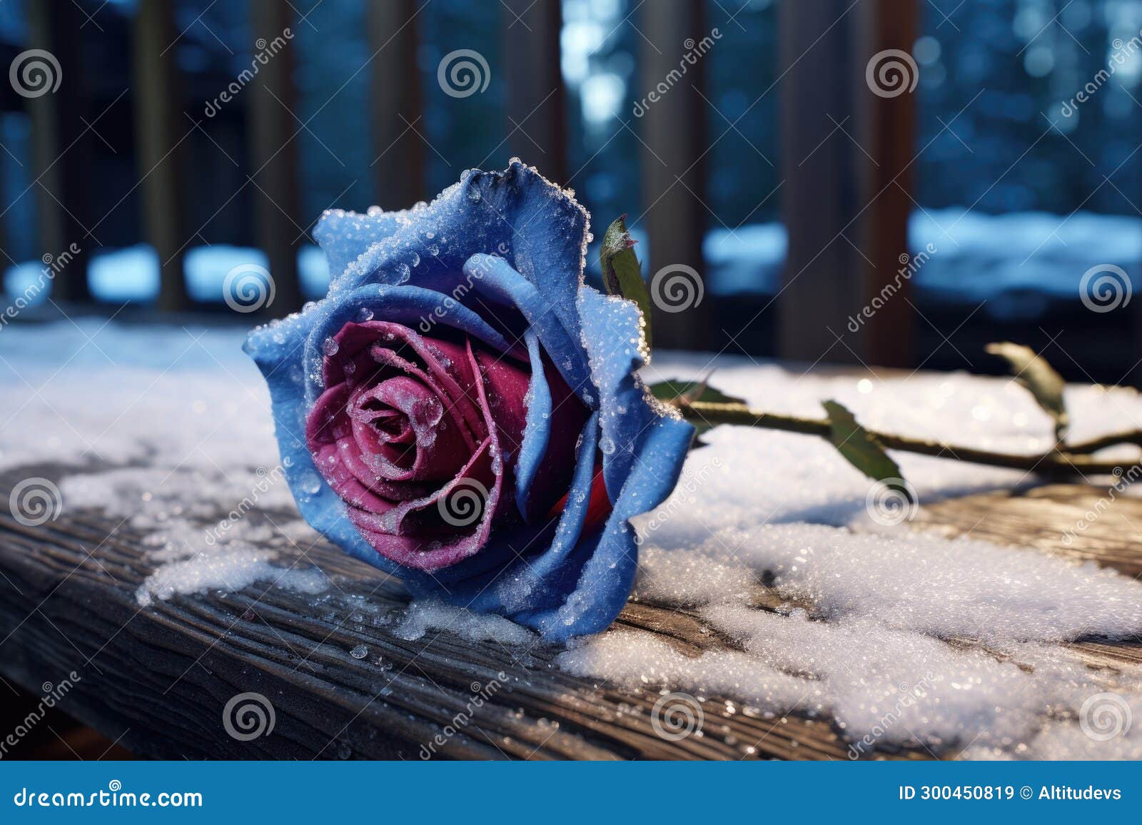 A Frozen Blue Rose Lying on a Wooden Table Dusted with Snow Stock Image ...