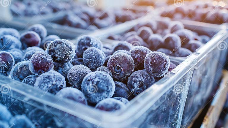 Frozen Blueberries in Clear Containers, Showcasing Quality Control in ...