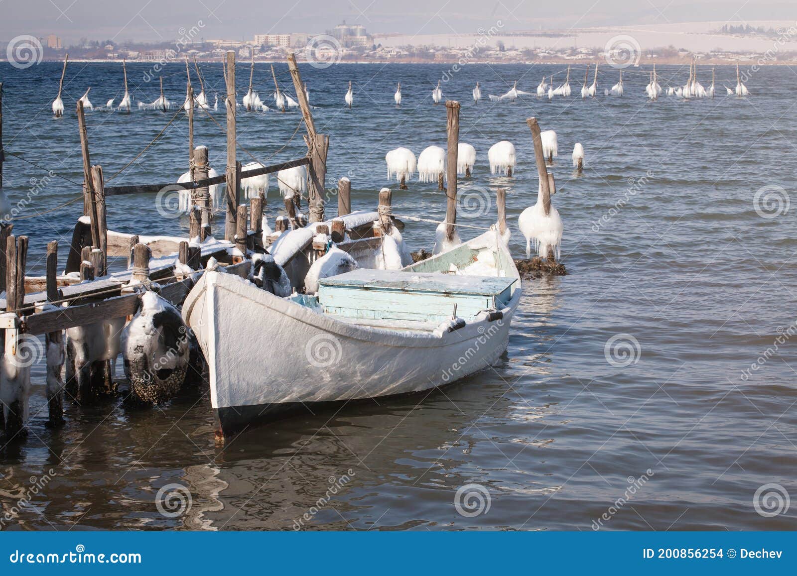 Frozen Boat on the Varna Lake in Winter Stock Photo - Image of snow ...