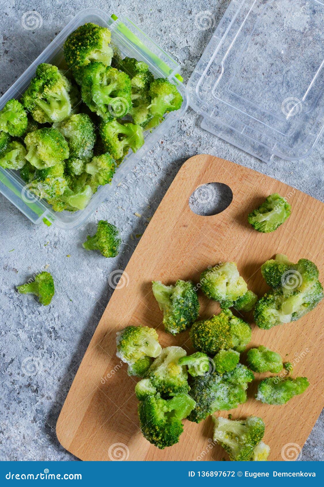 Frozen Broccoli in Lunch Box on a Concrete Background Stock Photo ...