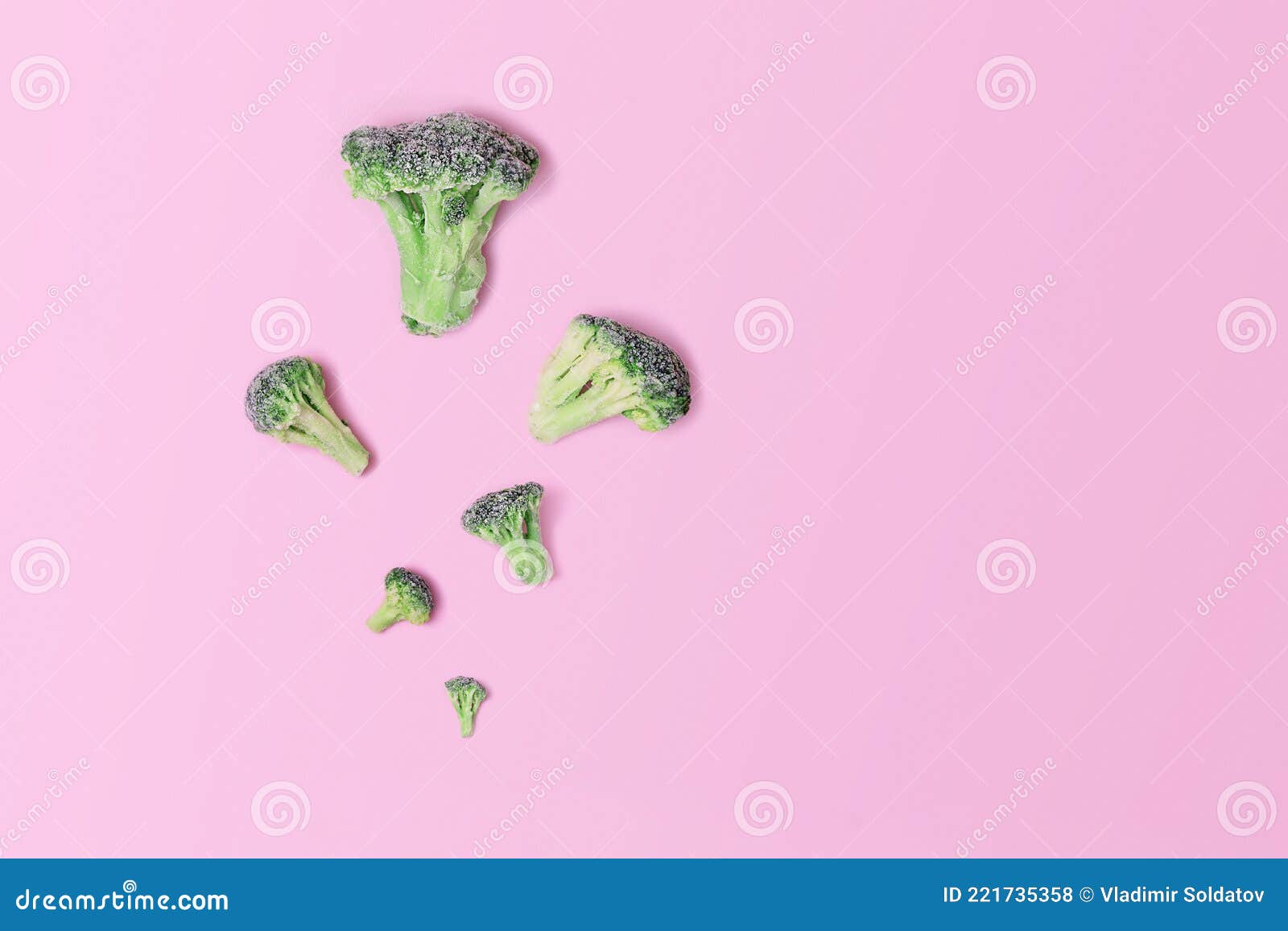 Frozen Broccoli on a Pink Background with Copy Space. Top View Stock ...