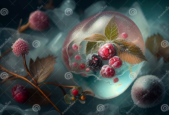 Frozen Buds and Berries in Ice. AI Generated Stock Image - Image of ...