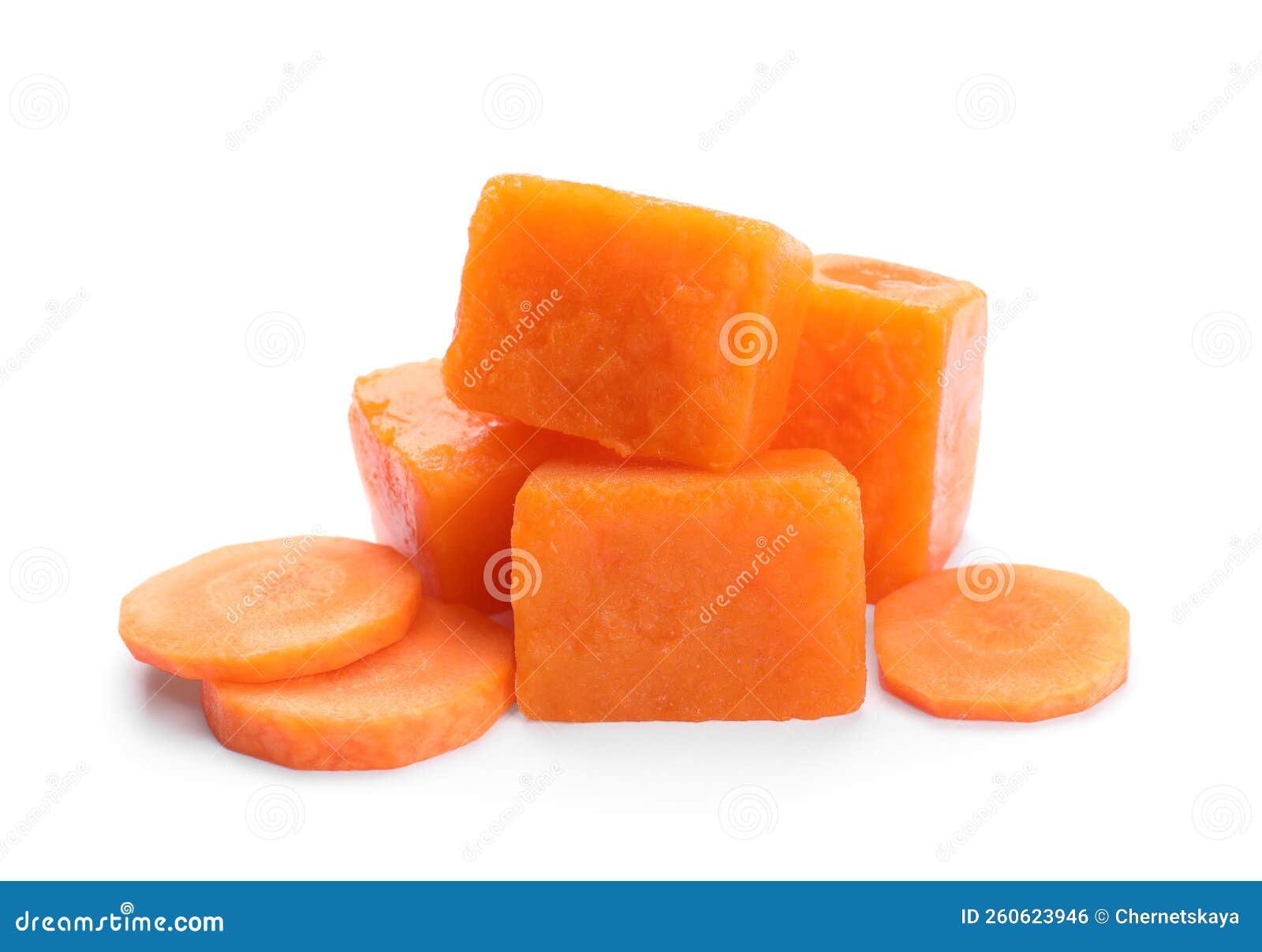 Frozen Carrot Puree Cubes and Fresh Carrot Isolated on White Stock ...
