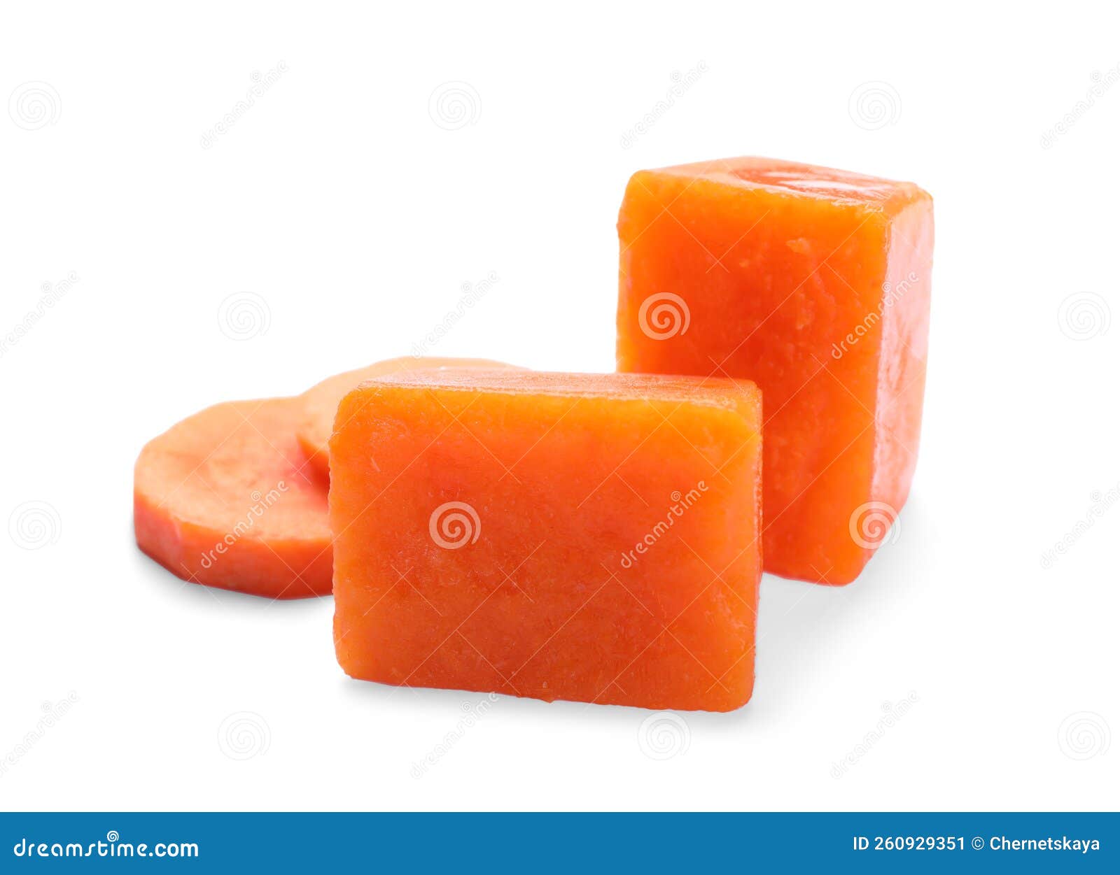 Frozen Carrot Puree Cubes and Fresh Carrot Isolated on White Stock ...