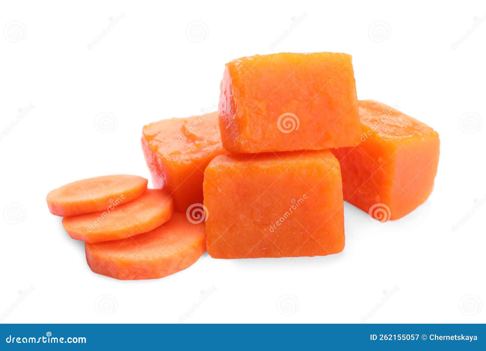 Frozen Carrot Puree Cubes and Fresh Carrot Isolated on White Stock ...