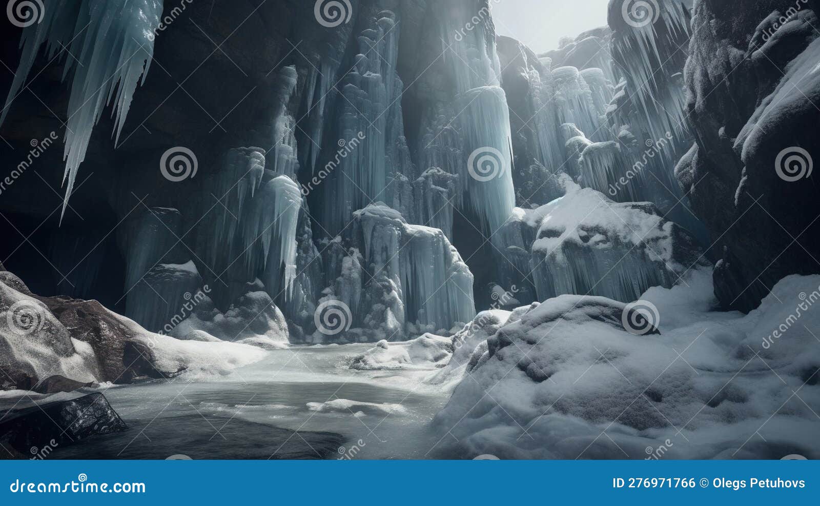 A Frozen Cave with Ice Formations and a Stream Running through it Stock ...