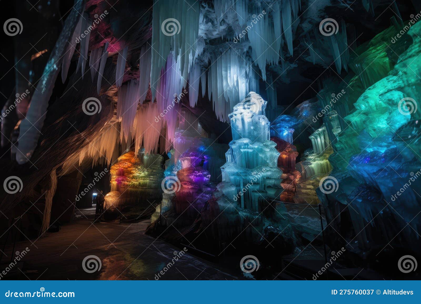 Frozen Cavern, with Rainbow of Lights Filtering through the Crystals ...