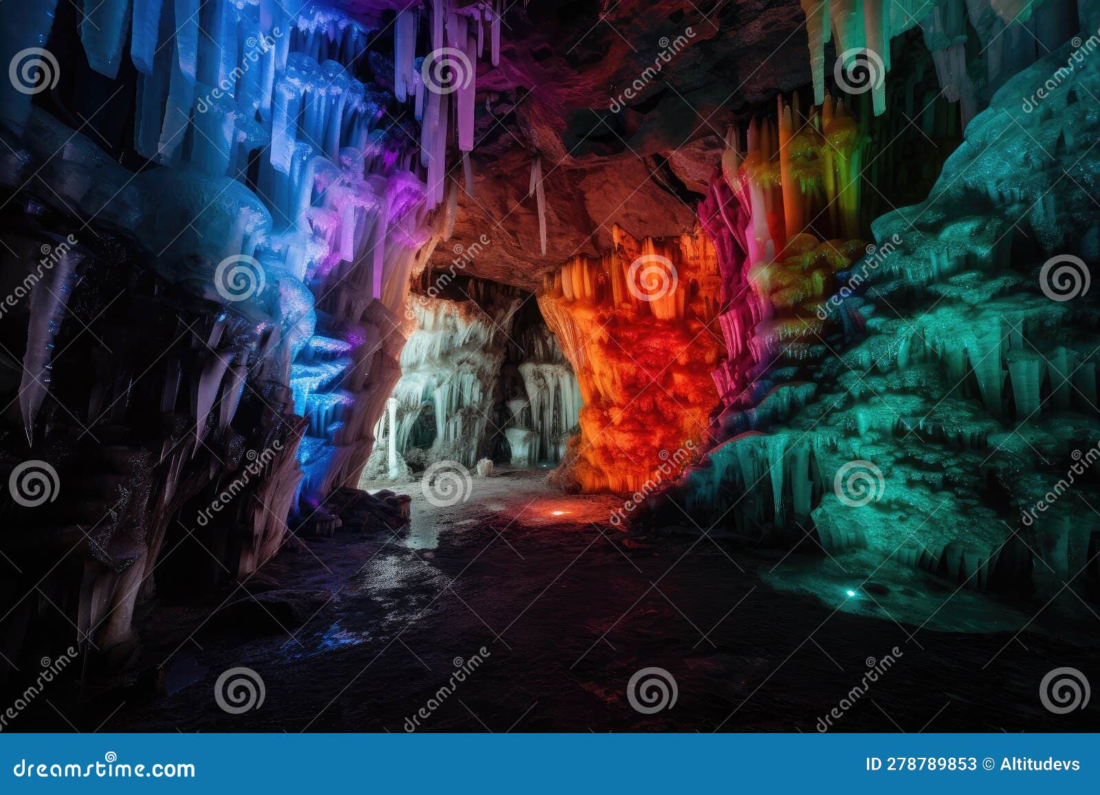 Frozen Cavern, with Rainbow of Lights Filtering through the Crystals ...