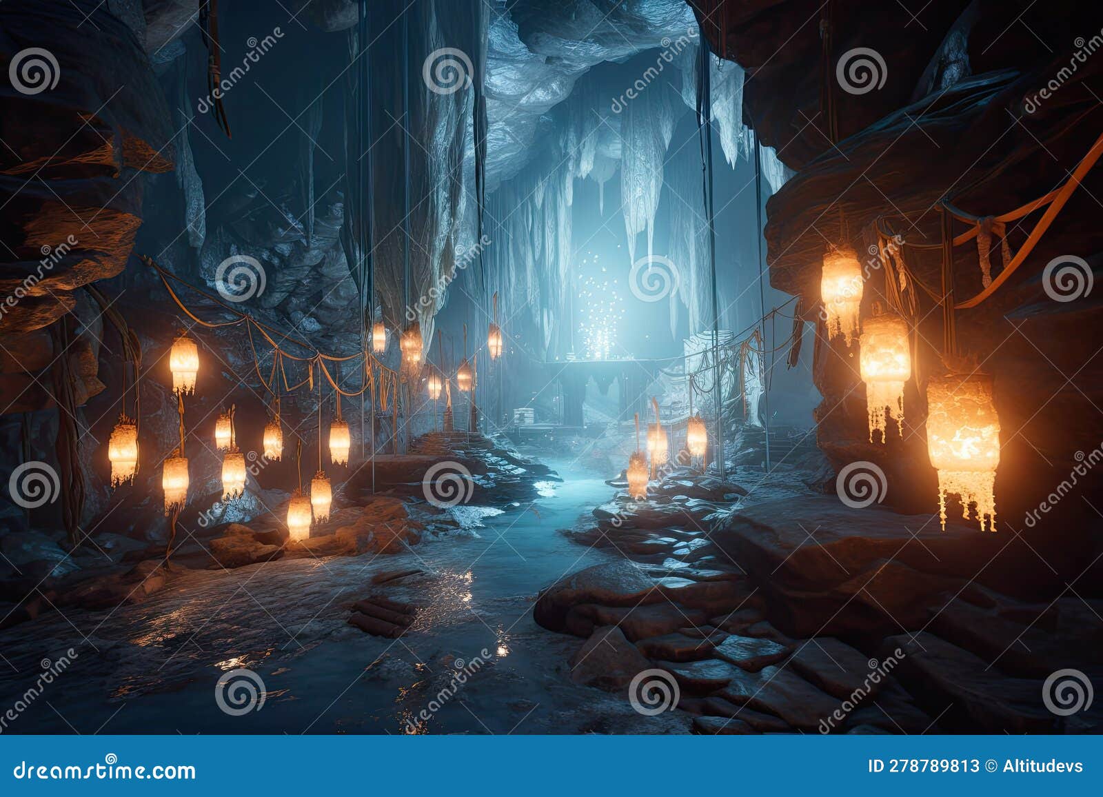 Frozen Cavern, with Row of Glowing Lanterns, Illuminating the Way Stock ...