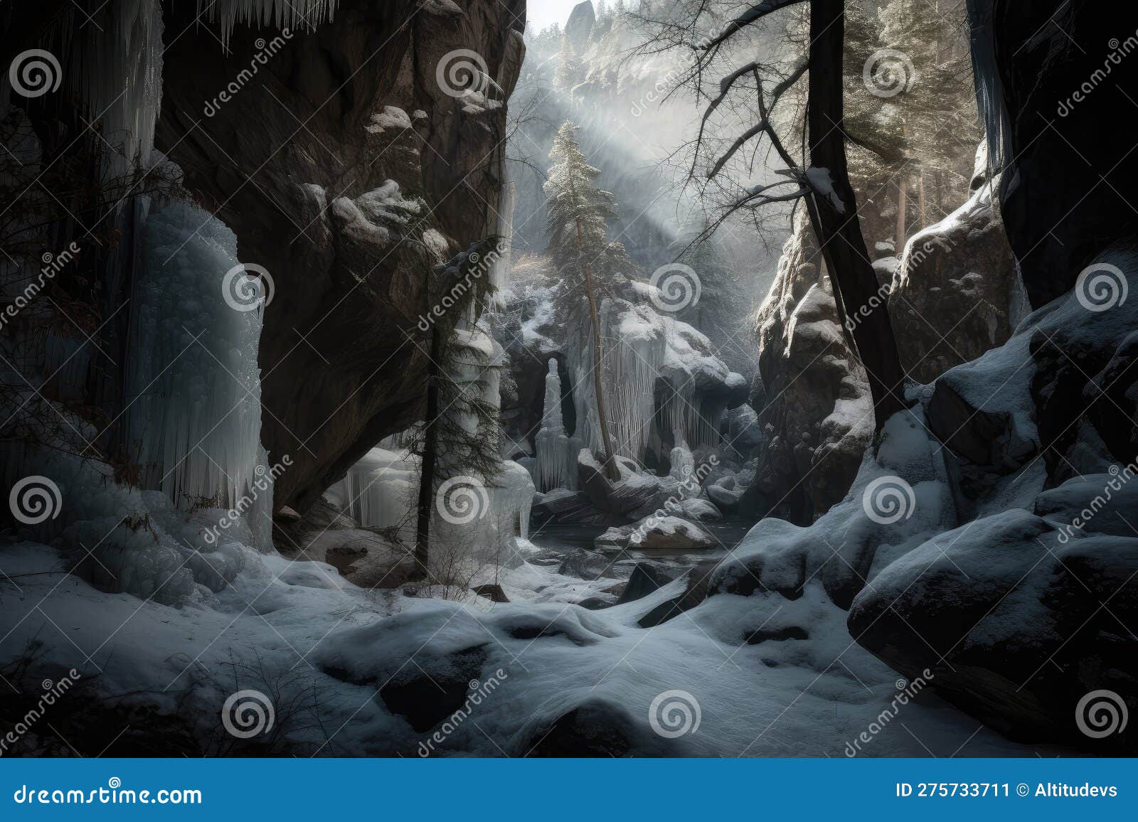 Frozen Cavern, with Towering Ice Formations and Cascading Waterfalls ...