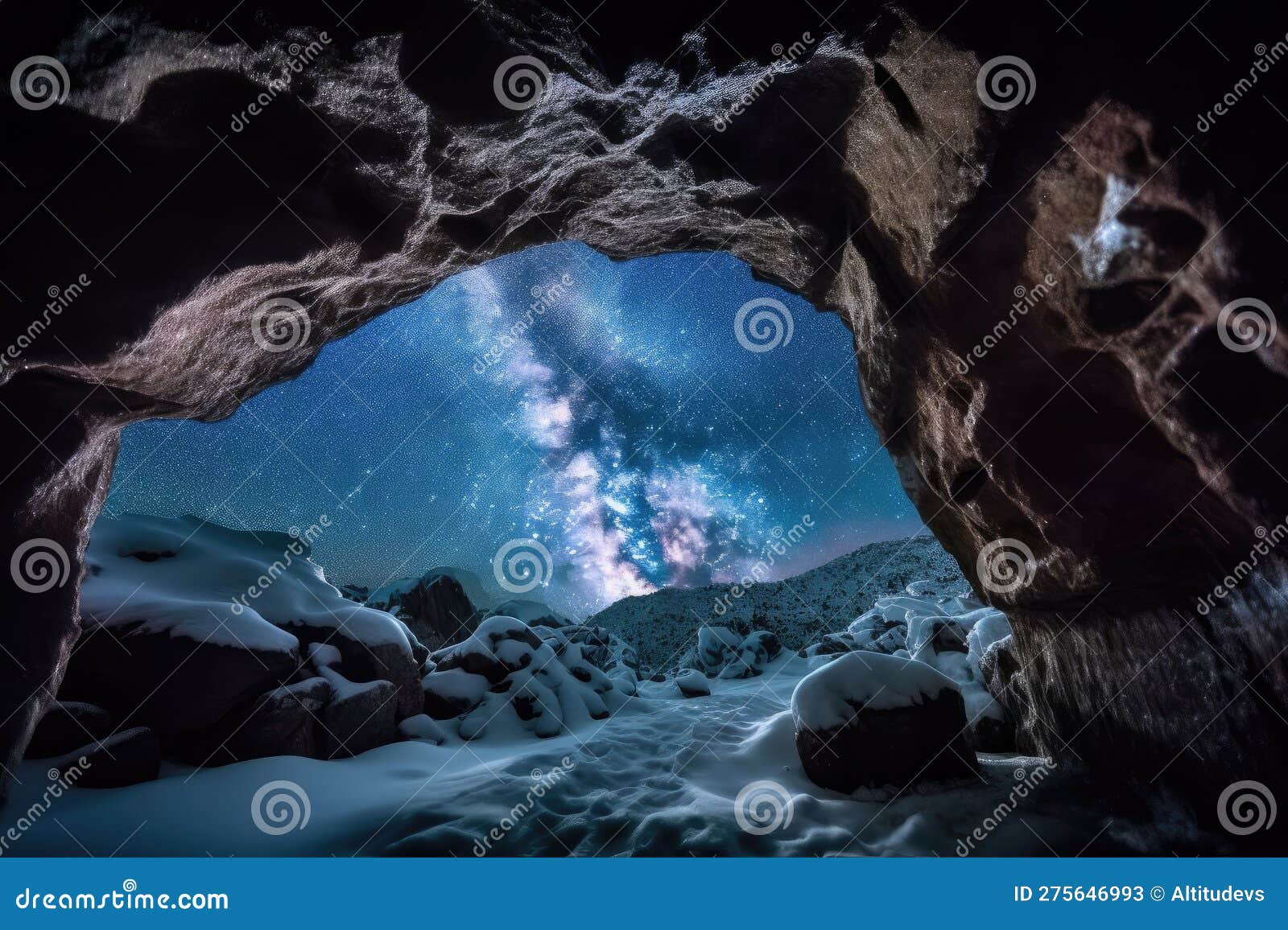 Frozen Cavern, with View of Distant Starry Sky, and Celestial Bodies ...