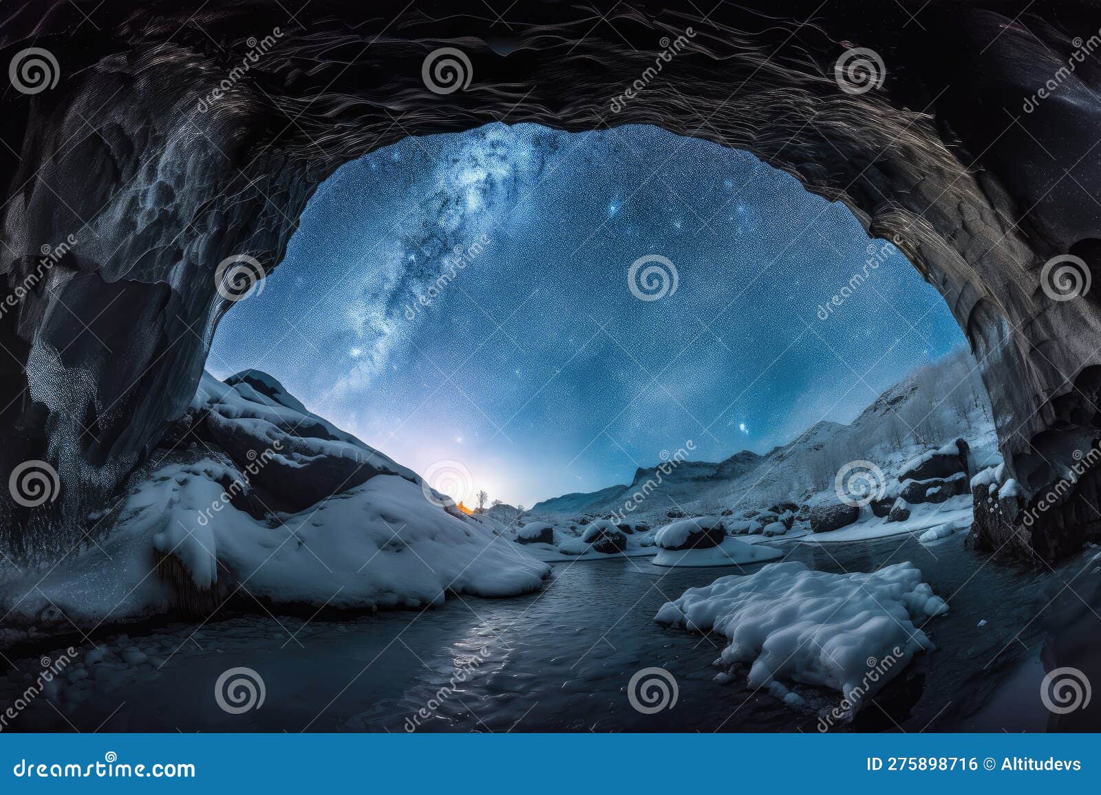 Frozen Cavern, with View of Distant Starry Sky, and Celestial Bodies ...