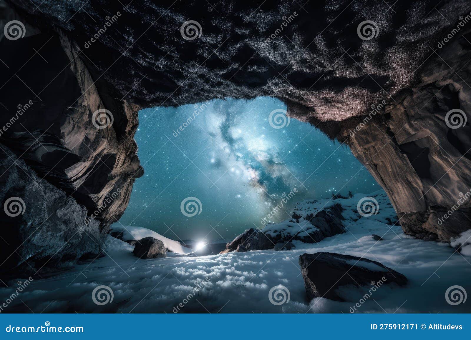 Frozen Cavern, with View of the Night Sky and Stars Visible through ...
