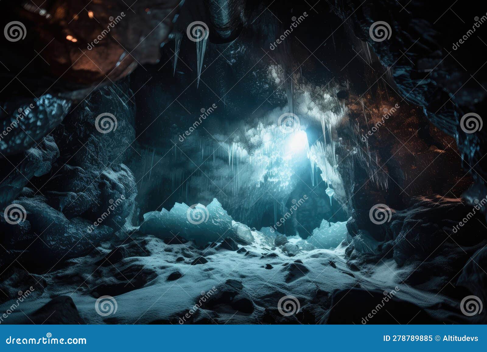 Frozen Cavern, with View of the Night Sky and Stars Visible Overhead ...