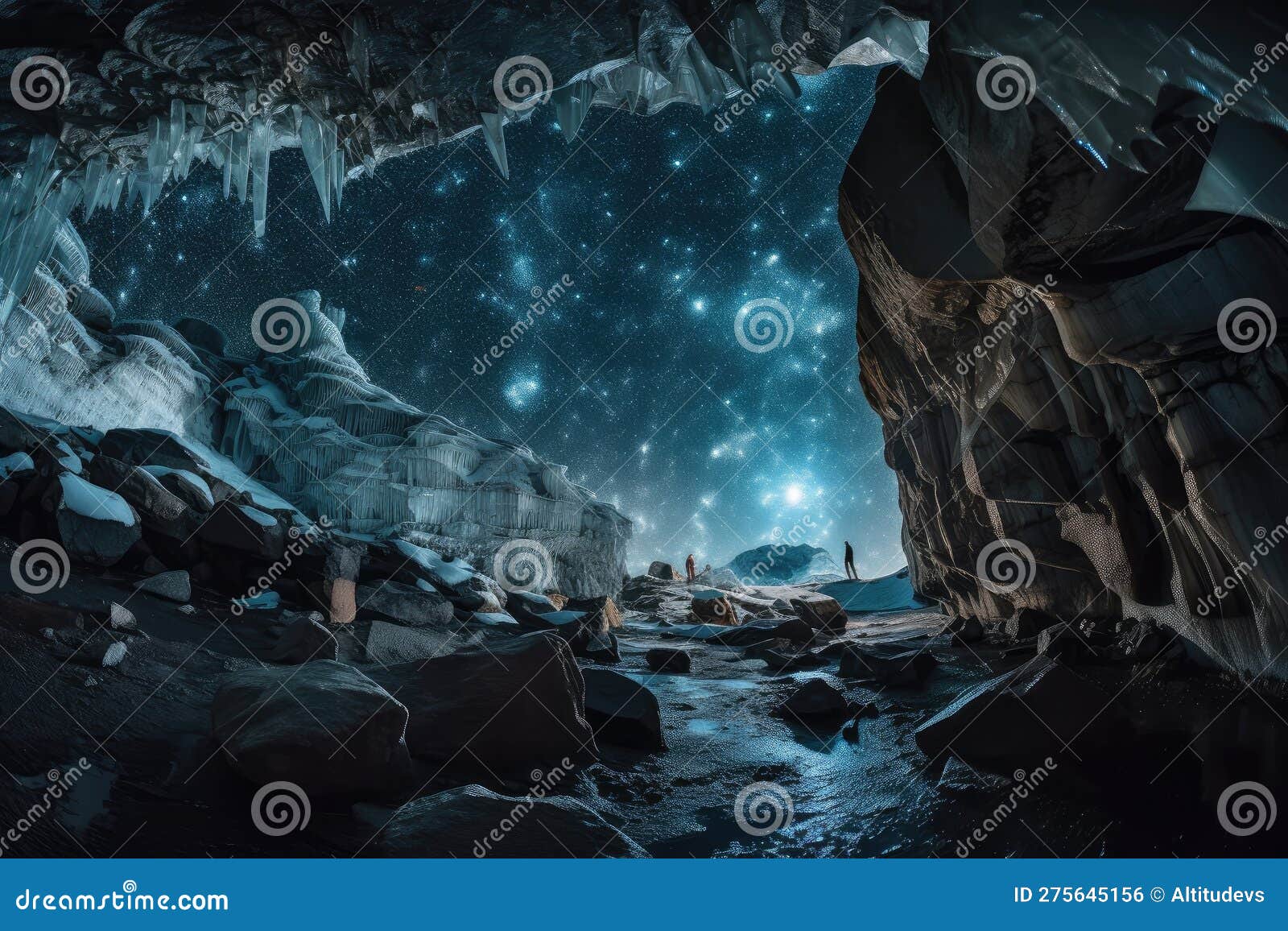 Frozen Cavern, with View of the Stars and Celestial Bodies Above Stock ...