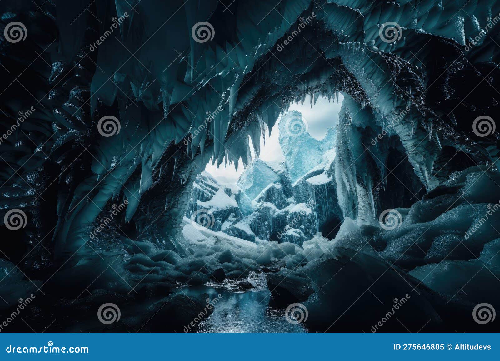 Frozen Cavern, with View of Vast and Starry Sky, Highlighting the ...