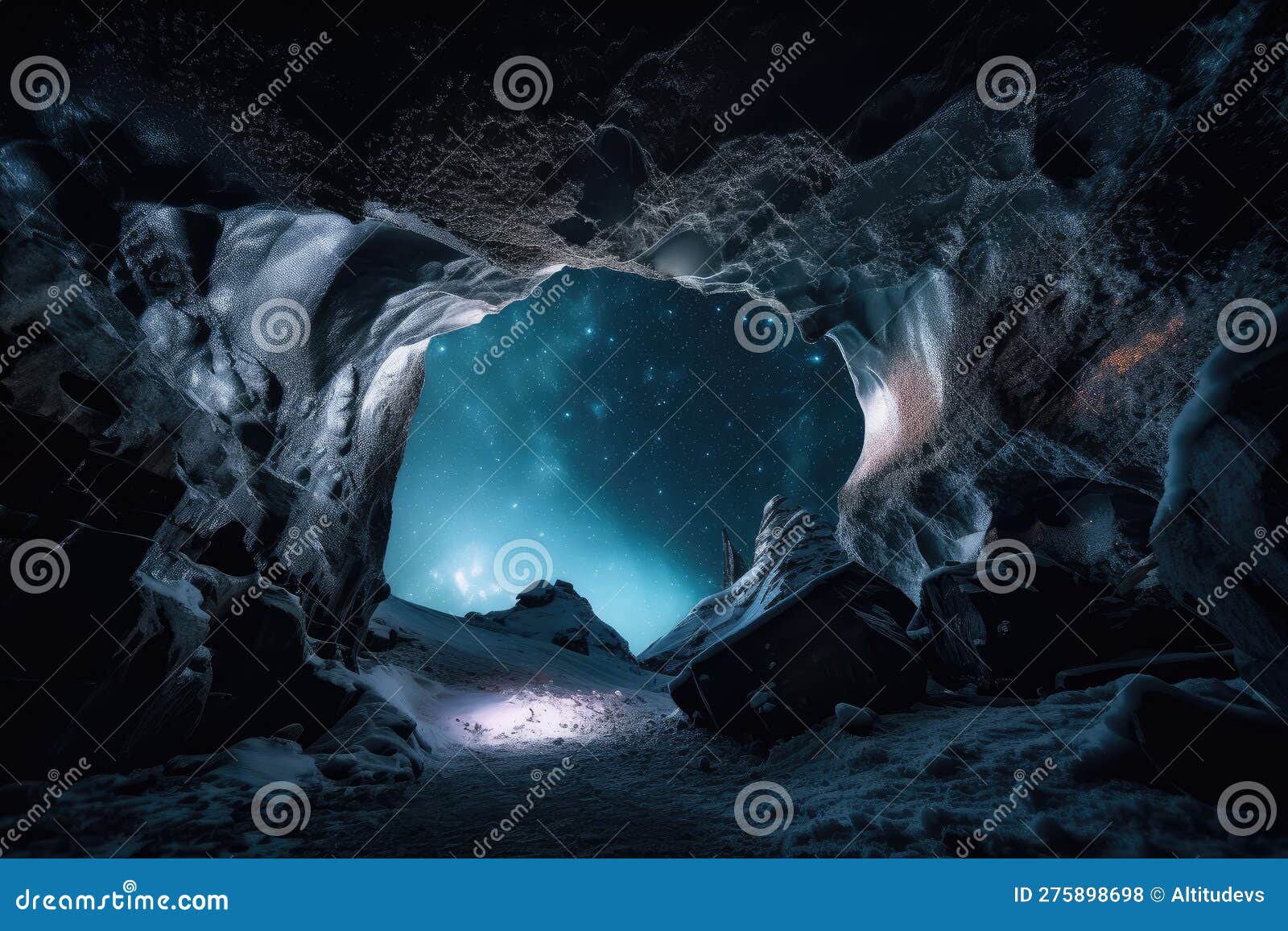 Frozen Cavern, With View Of Vast And Starry Sky, Highlighting The ...