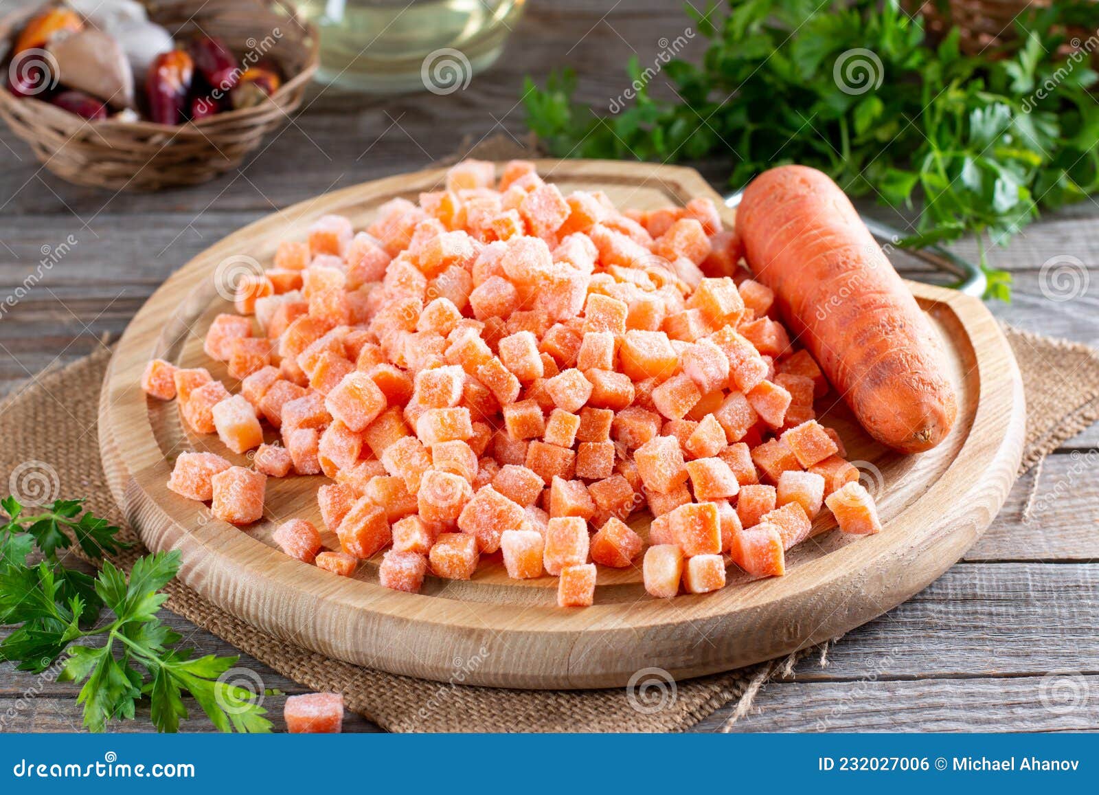 Frozen Chopped Carrot Cubes on a Cutting Board on a Table Stock Photo ...