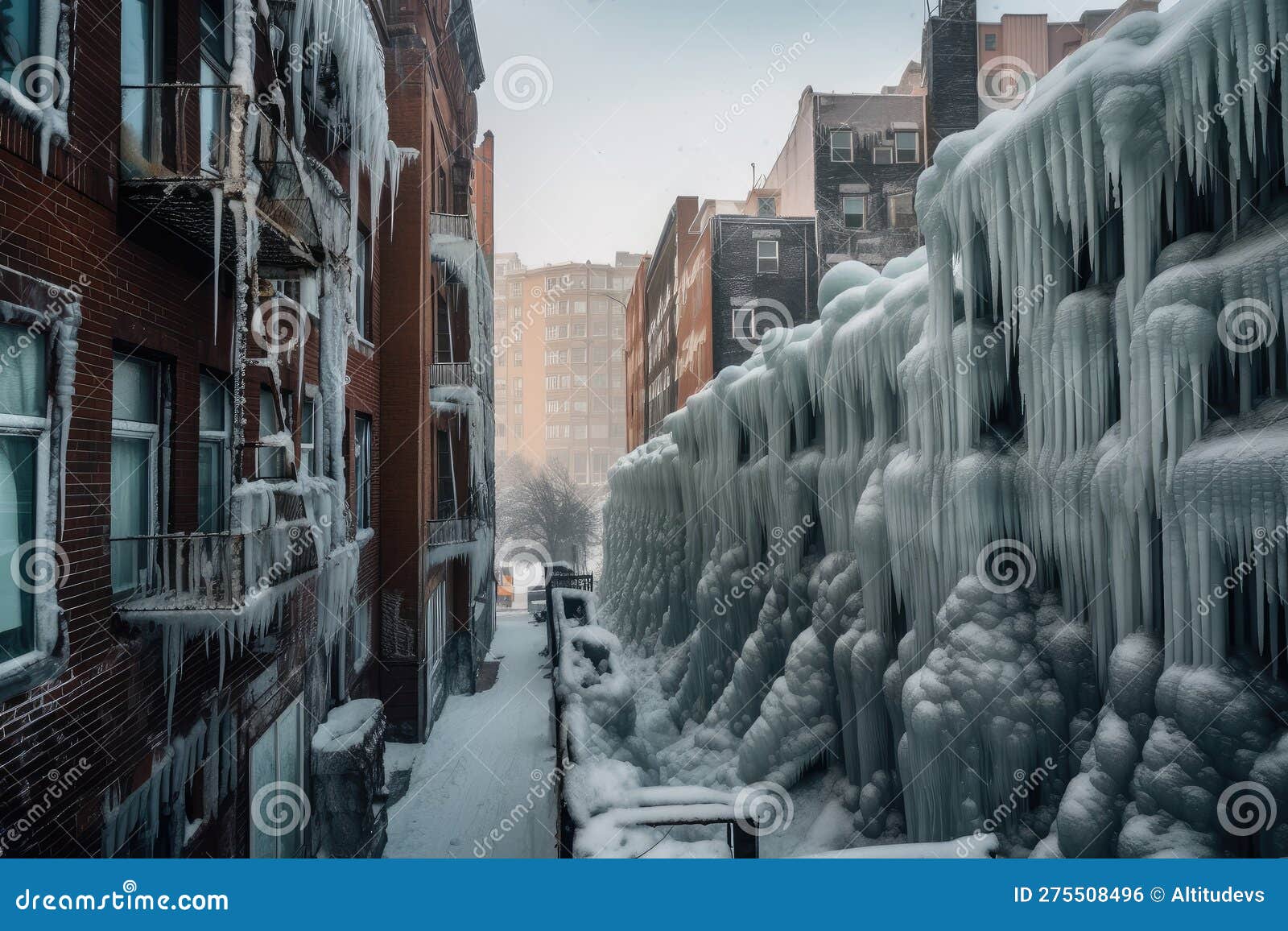 A Frozen City, with Icicles Hanging from Buildings and Streets Covered ... A Frozen City, with Icicles Hanging from Buildings and Streets Covered ...