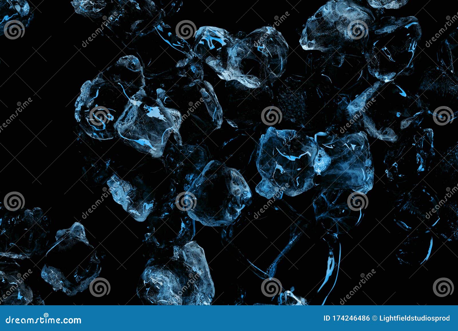 Frozen Clear Ice Cubes with Blue Lighting Isolated on Black. Stock ...