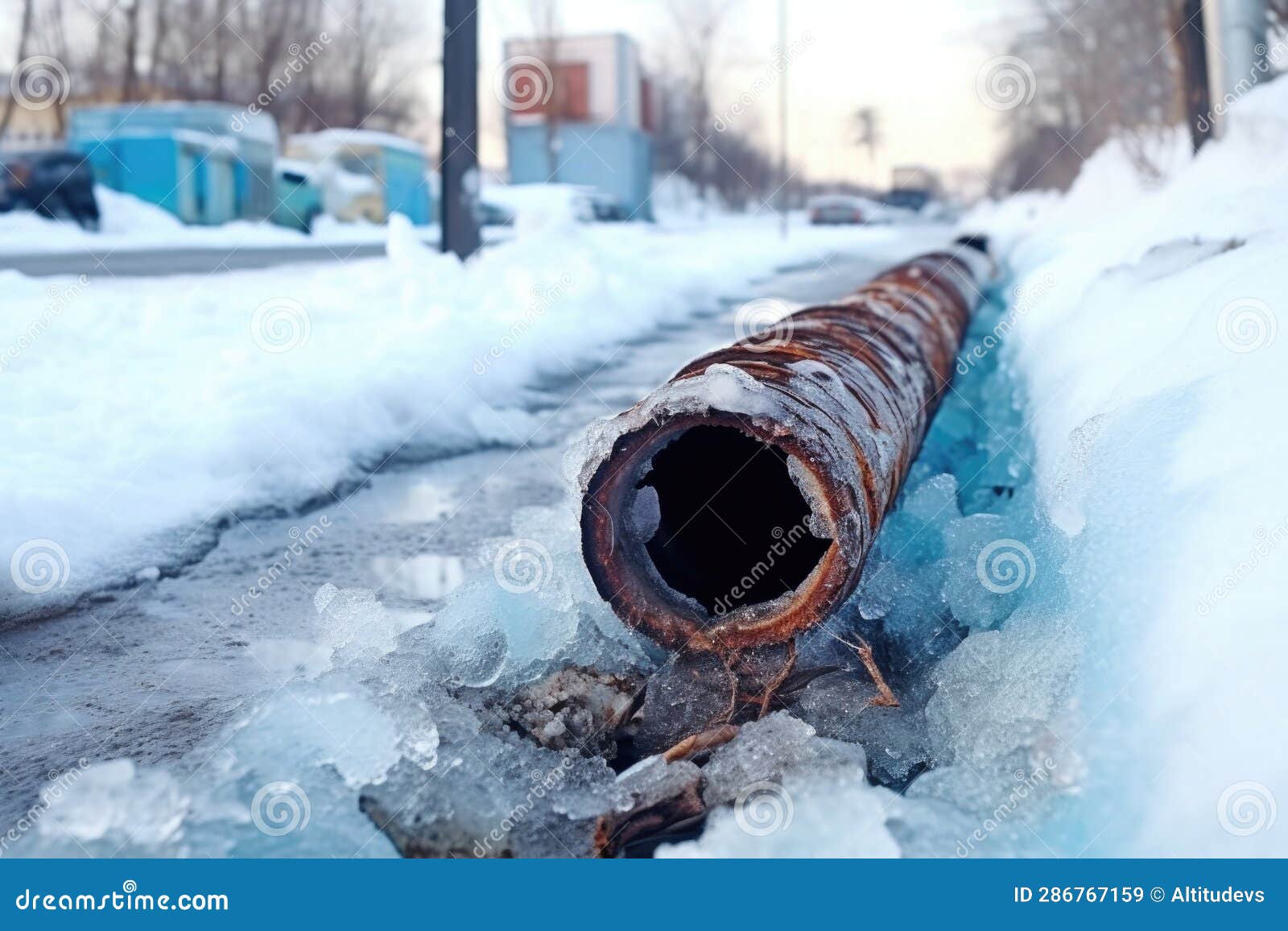 Frozen and Cracked Pipe Causing a Leak in Winter Stock Image - Image of ...