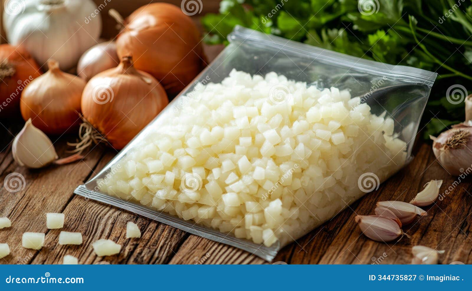 Frozen Diced Onions in a Plastic Bag with Garlic and Onions Stock ...