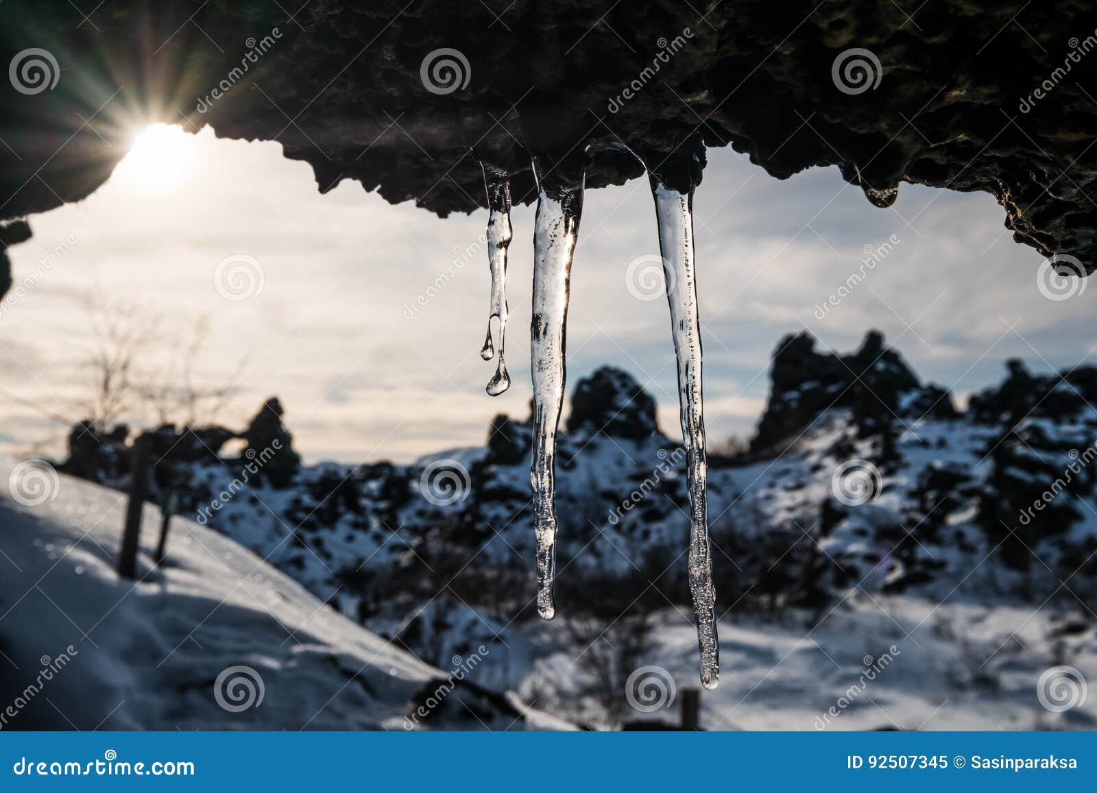 Frozen Dripping Water on the Stone Ceiling with Bright Sunlight in ...
