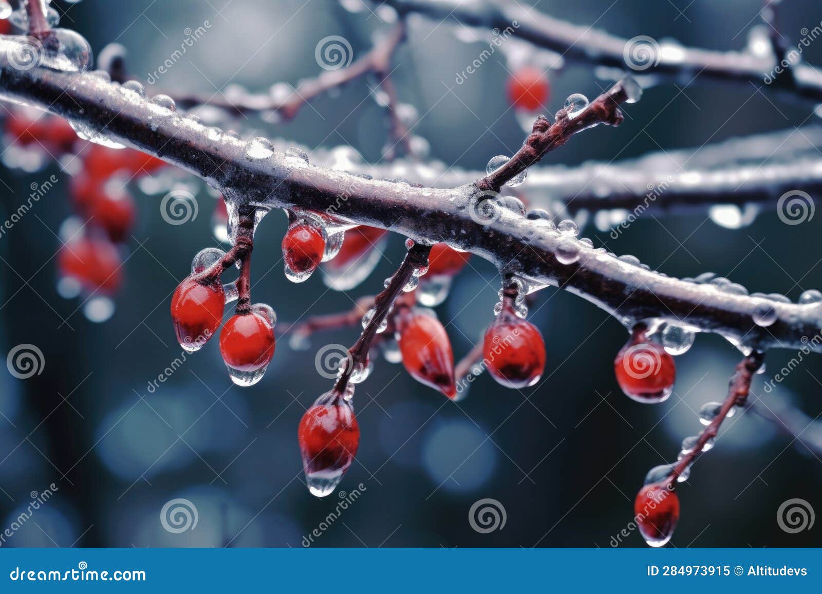 Frozen Droplets on a Tree Branch Stock Illustration - Illustration of ...