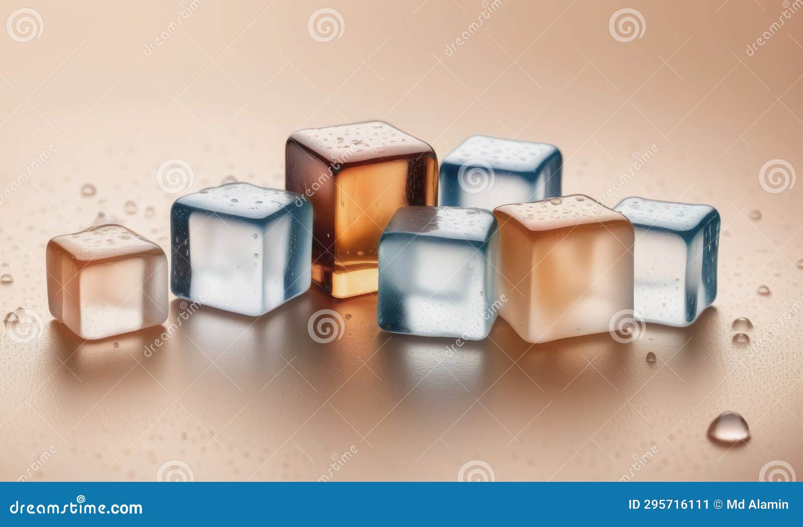 Frozen Elegance: Ice Cubes Adorned with Raindrops on a Soft Beige ...