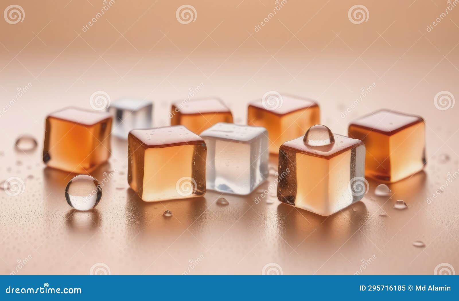 Frozen Elegance: Ice Cubes Adorned with Raindrops on a Soft Beige ...