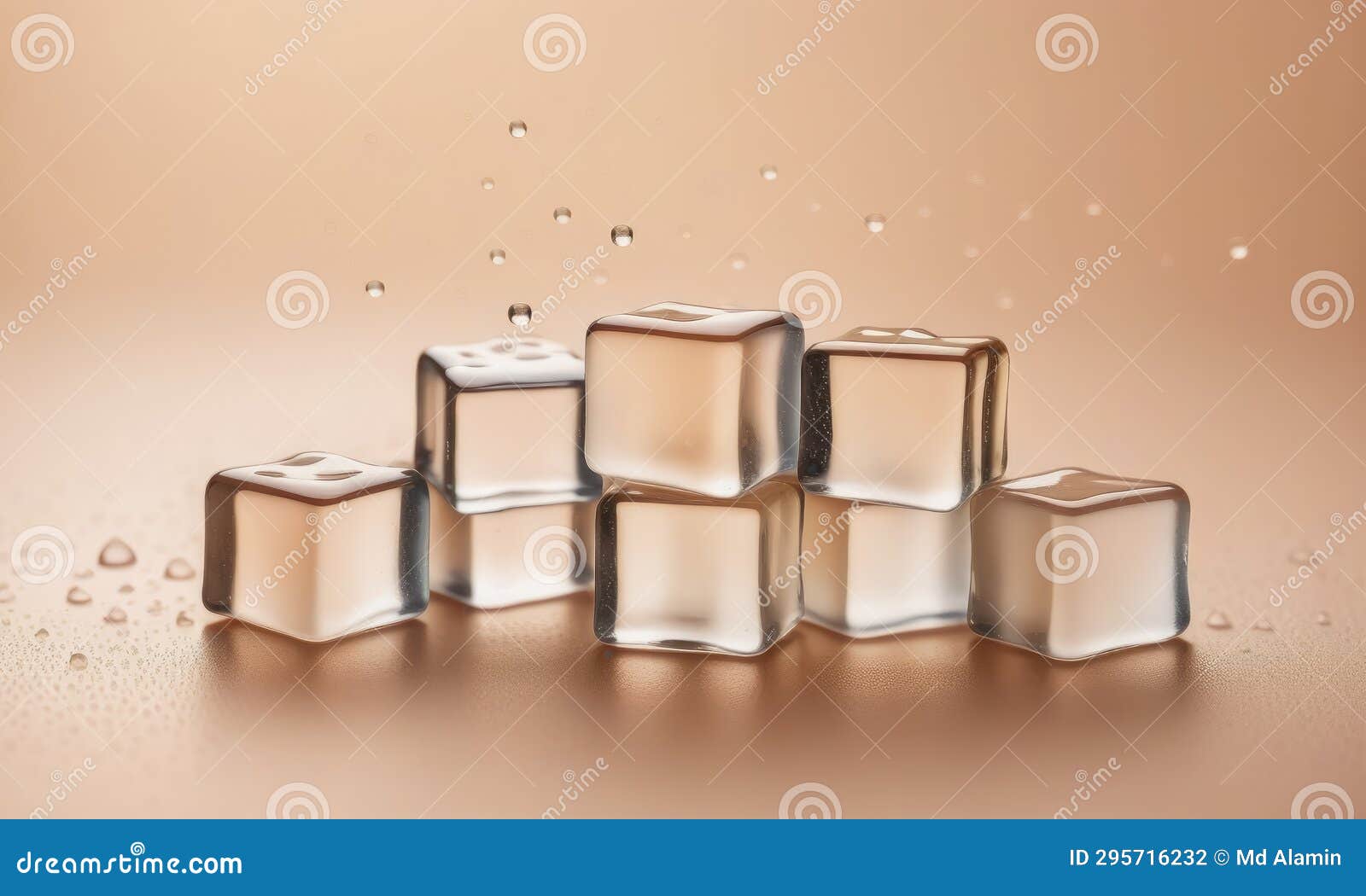 Frozen Elegance: Ice Cubes Adorned with Raindrops on a Soft Beige ...