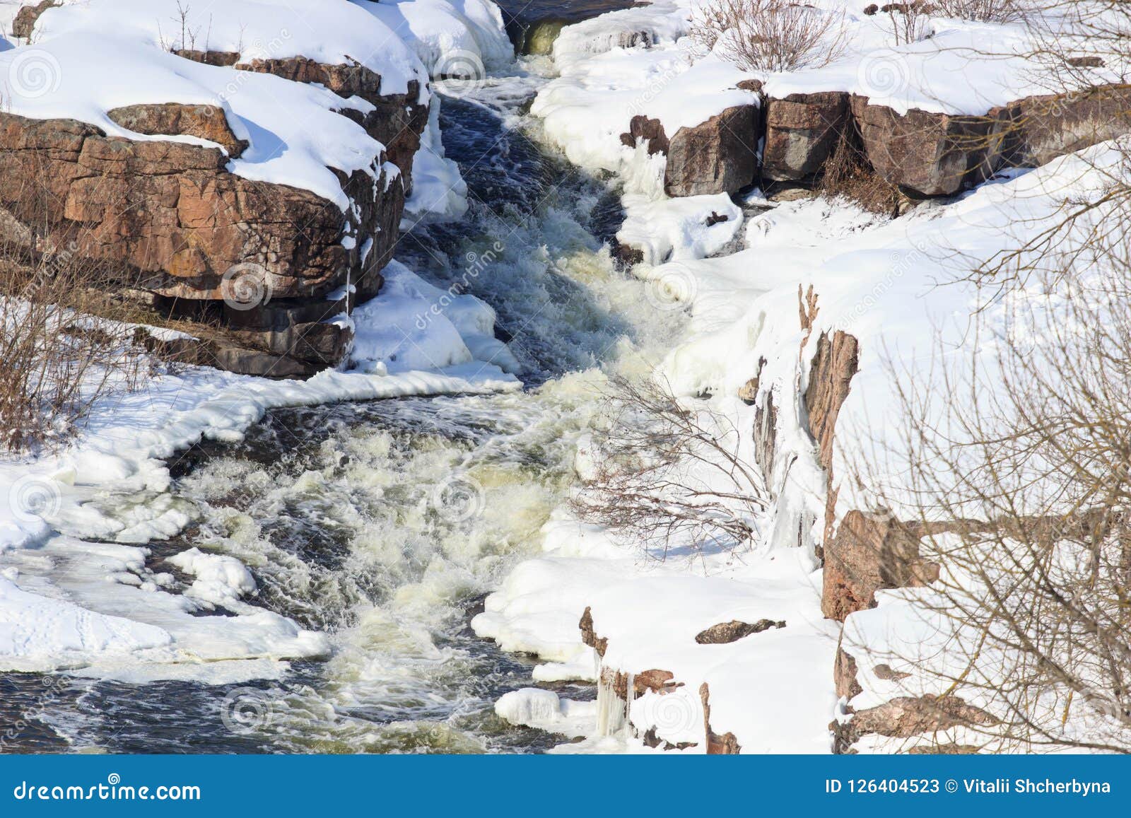 Frozen Fast Mountain River in Winter. Spring Melting of Ice, Springtime ...