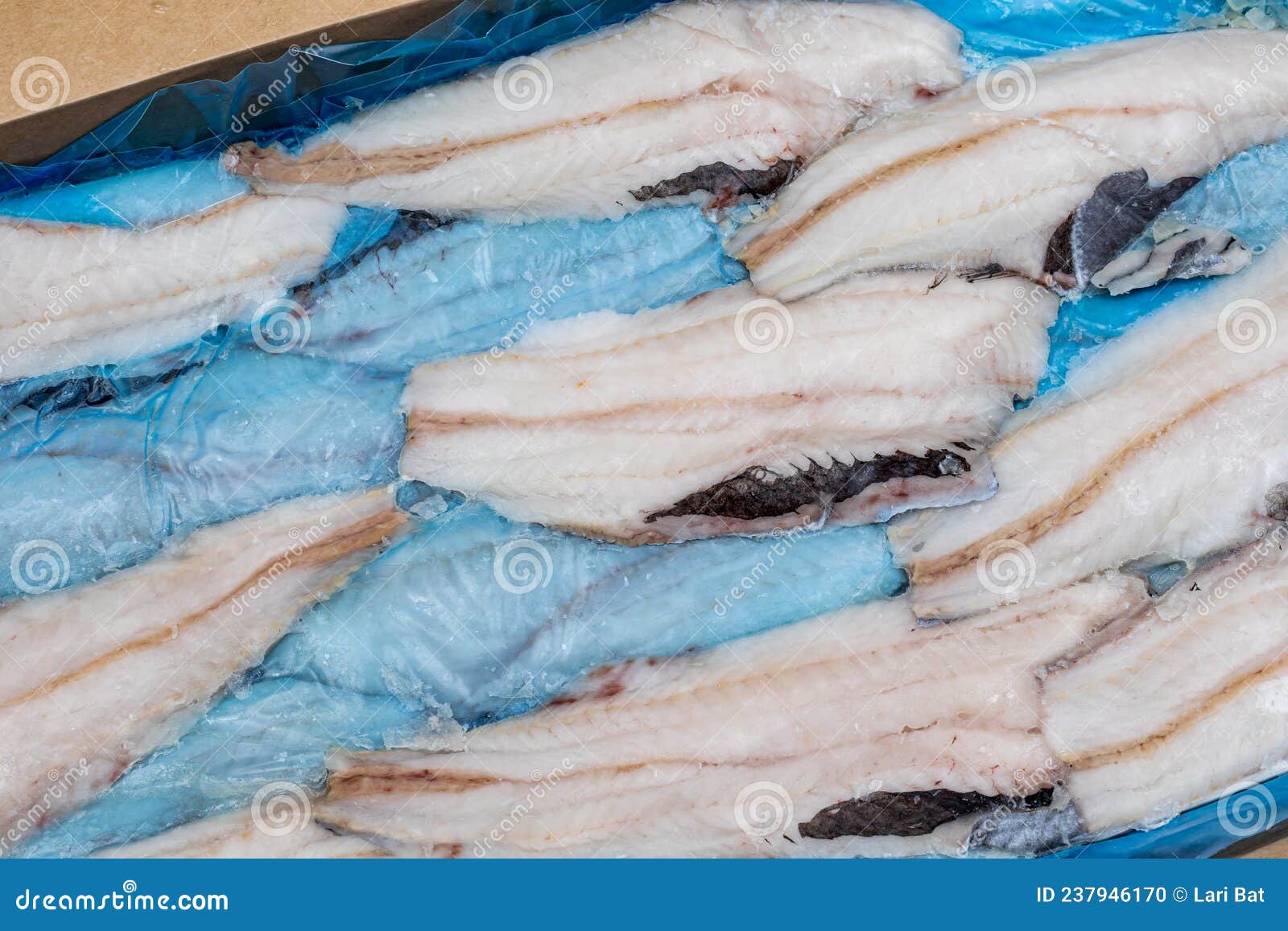 Frozen Fish Longtail Hake in a Box. Packaging with Interleave Plastic ...