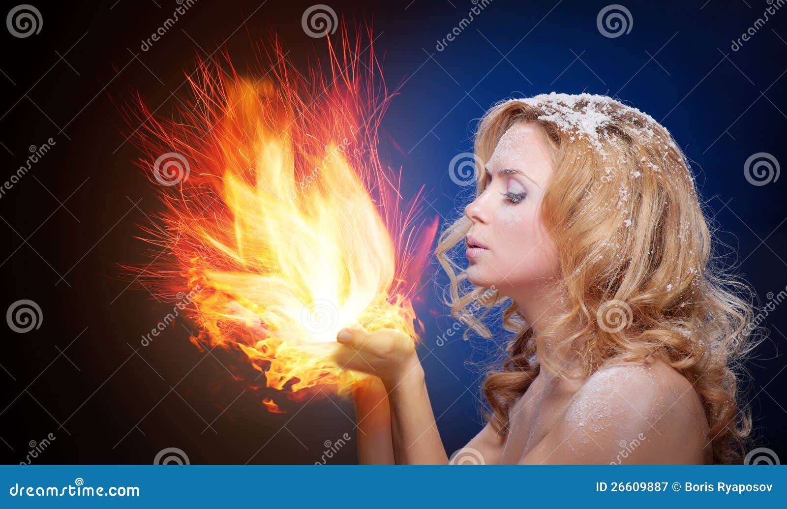 Frozen Girl Hold a Falme in Palms Stock Image - Image of hair, freeze ...